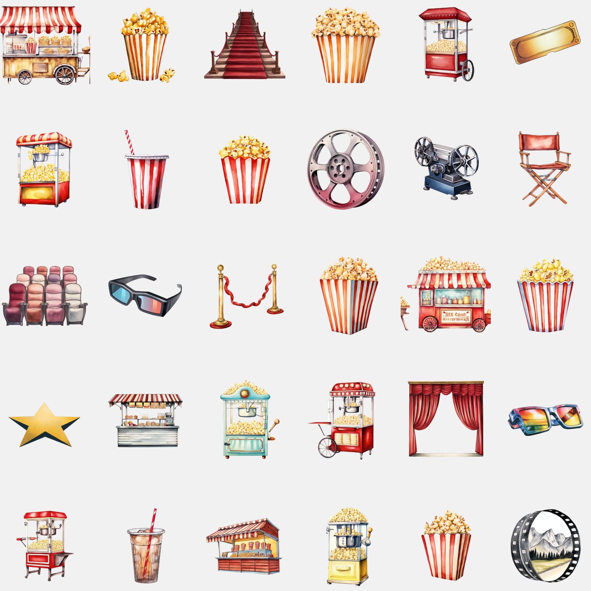 Movie Night Clipart Bundle: Red Carpet, Popcorn, Theater (108 PNG Files ...