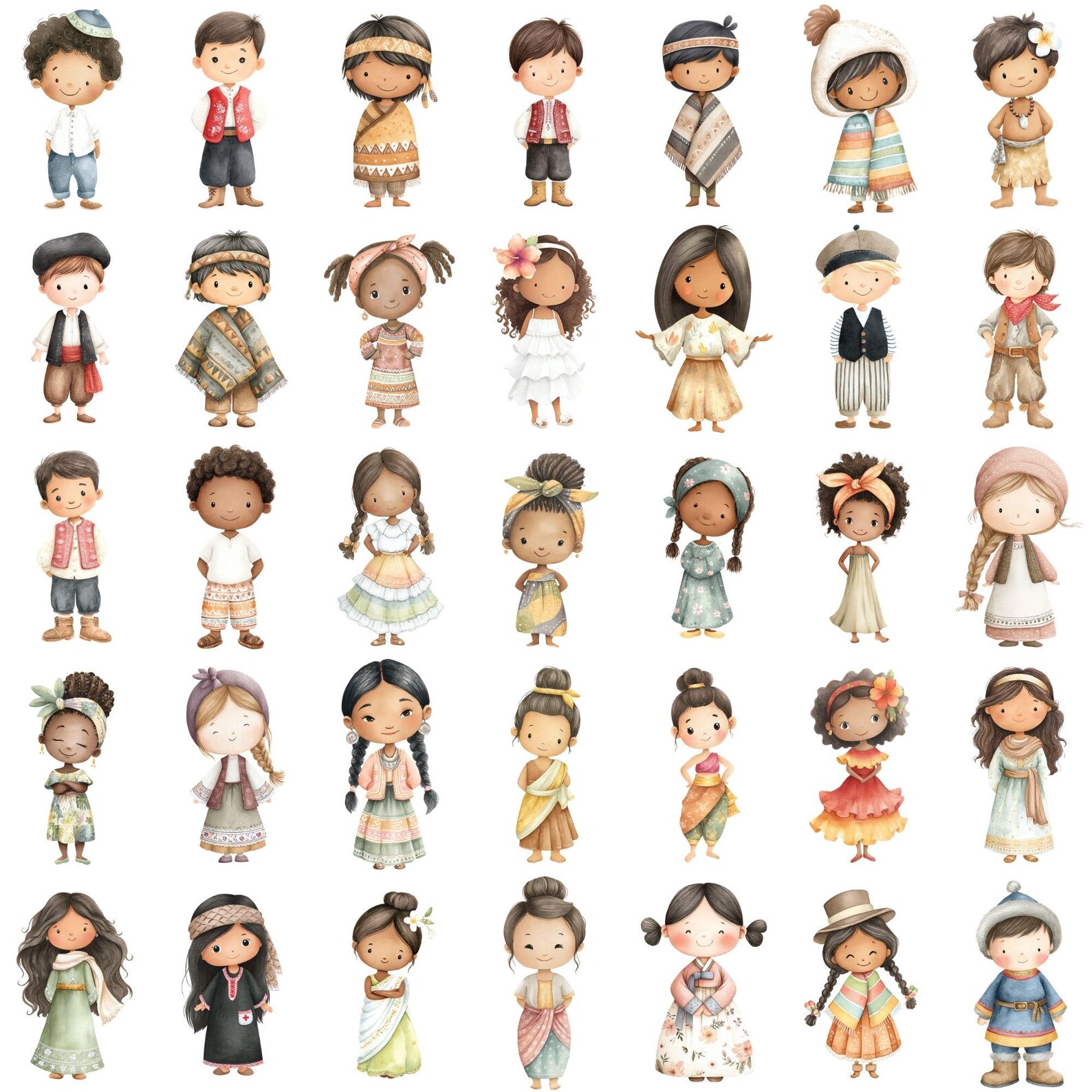 Multicultural Kids Clipart Bundle: Watercolor Cultural Dress Pngs ...