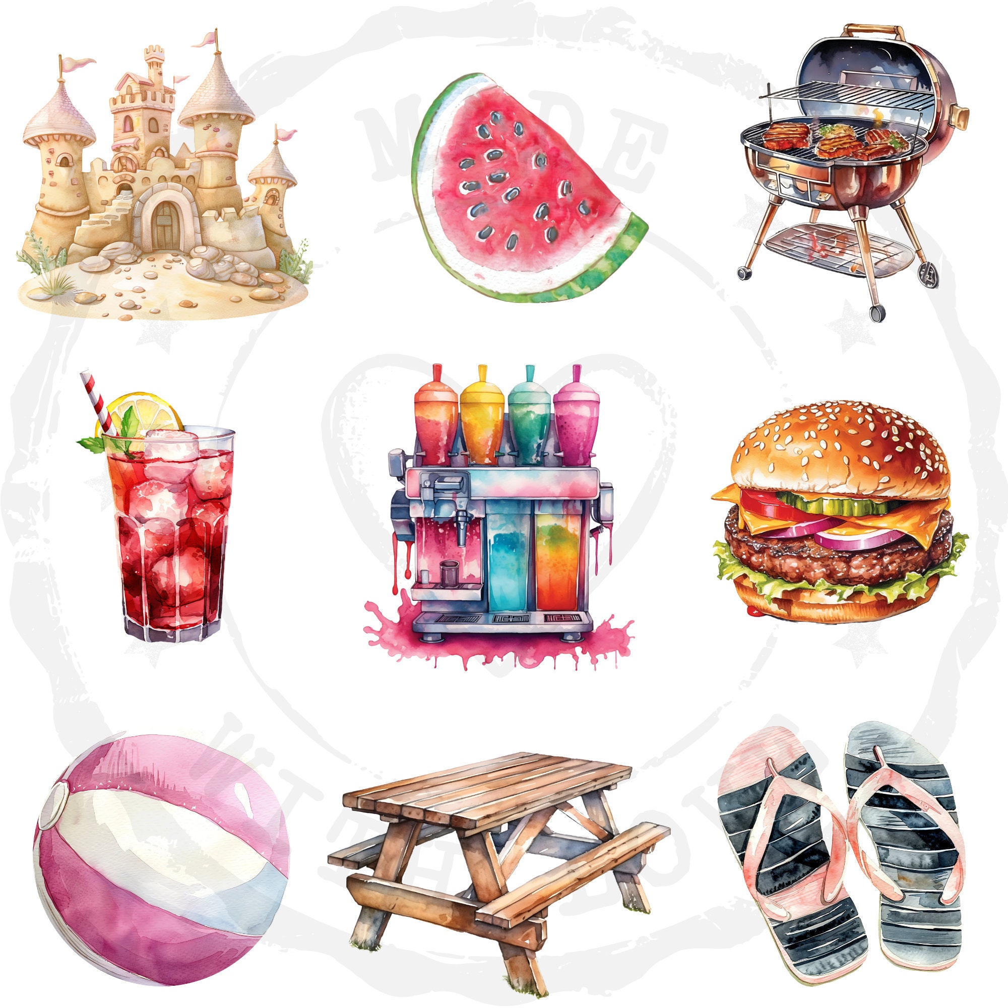 Watercolor Summer Clipart Bundle: Pool Party PNG Graphics (digital ...
