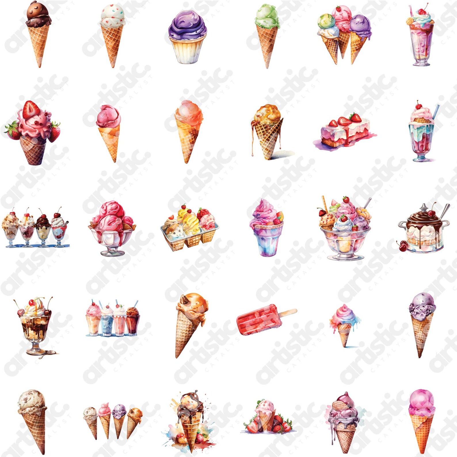 Watercolor Ice Cream Clipart: Summer Desserts PNG (digital Download) - Etsy