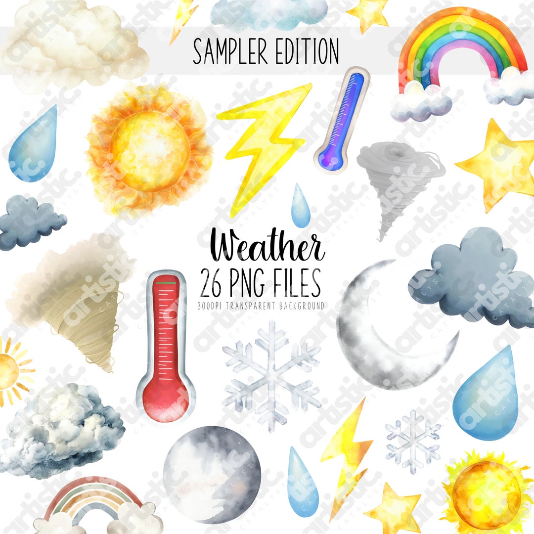 Watercolor Weather Clipart Bundle: Rainbow, Sun, Clouds (PNG Digital ...