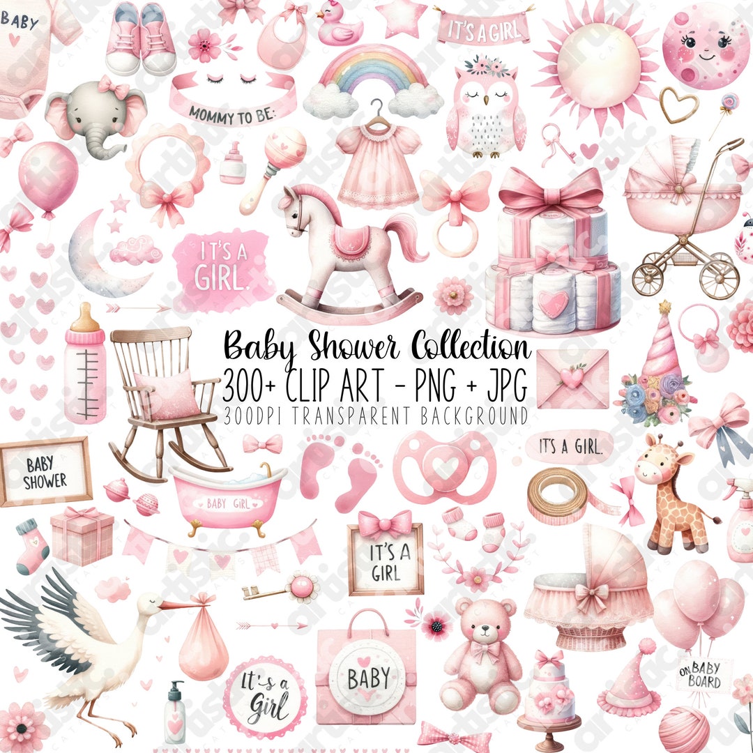 Pink Baby Shower Clipart: Watercolor Bundle for Invitations, DIY Gifts ...