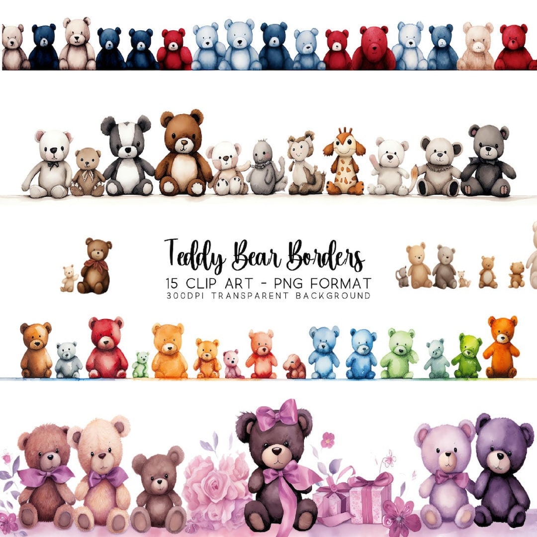 Teddy Bear Border Clipart Set, Watercolour Clipart Borders PNG|JPG ...