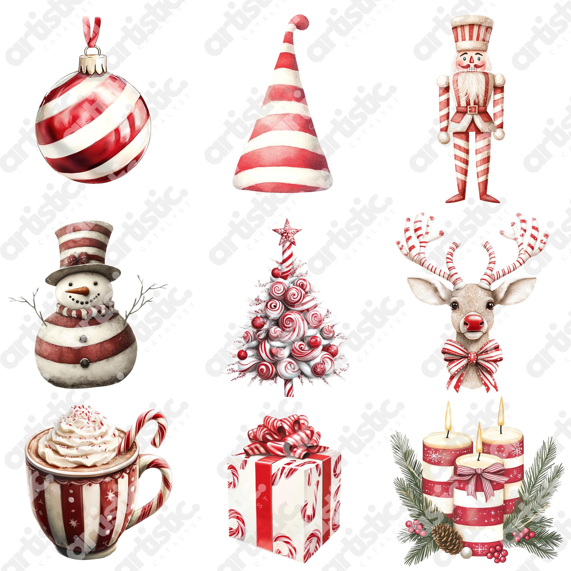 Candy Cane Christmas Clipart Bundle: Watercolor Holiday PNG (300 DPI ...