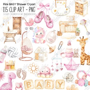 Pink Baby Shower Clipart Watercolor Bundle PNG Nursery Decor, Party ...