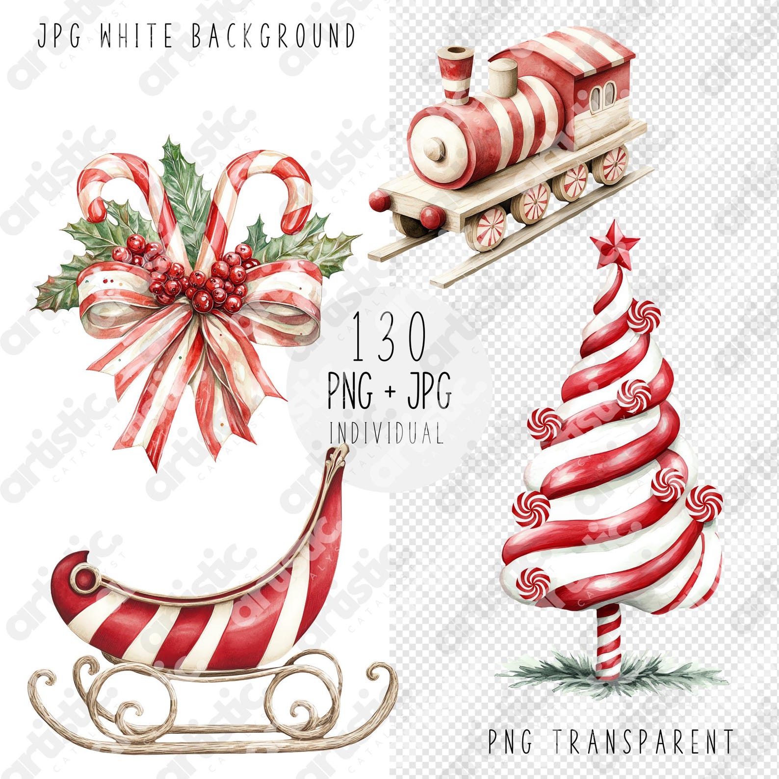 Christmas Clipart Watercolor Bundle: Peppermint Candy Canes (130 PNG ...