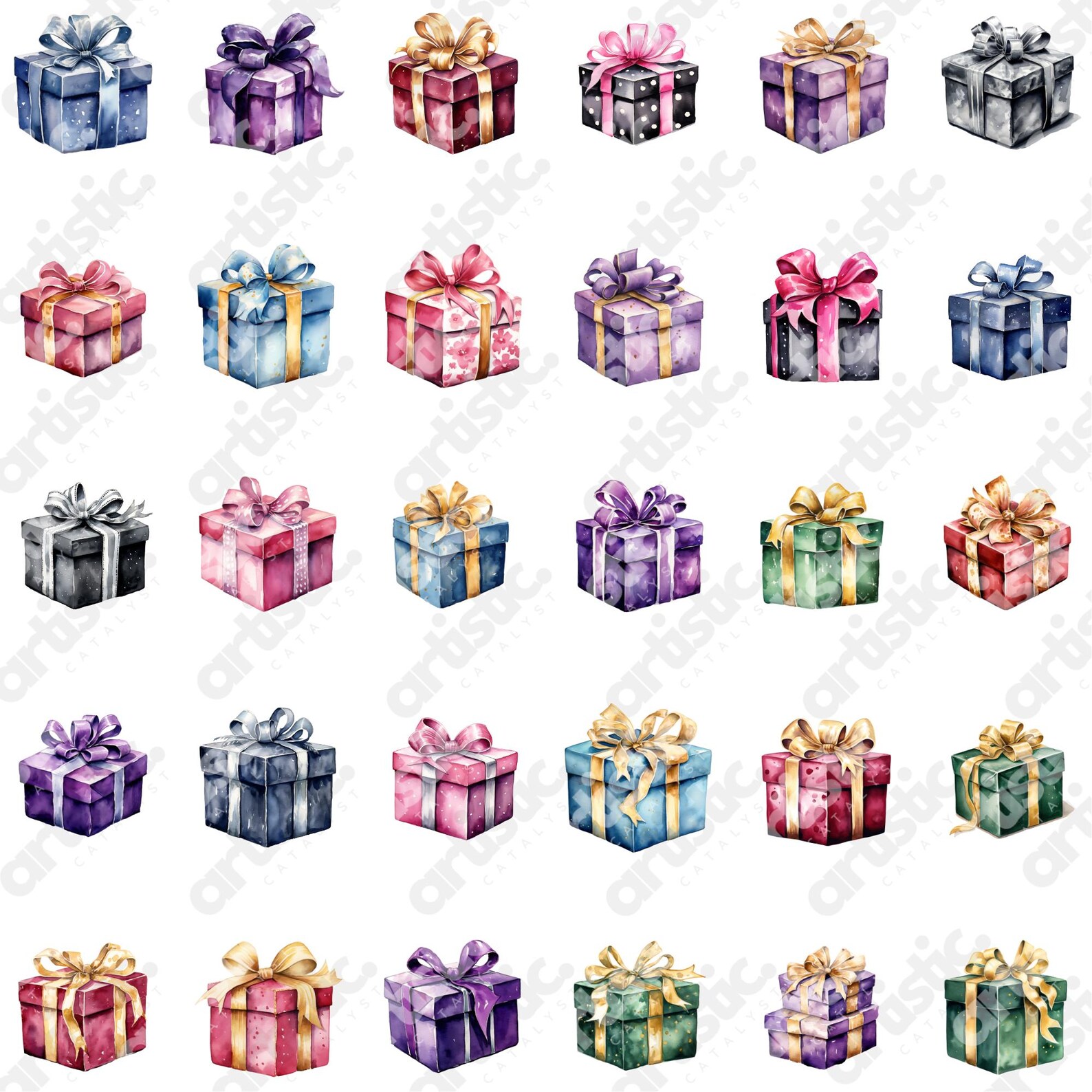 Birthday Presents Watercolor Clipart Bundle: 60 Gift Boxes, Bows (PNG ...