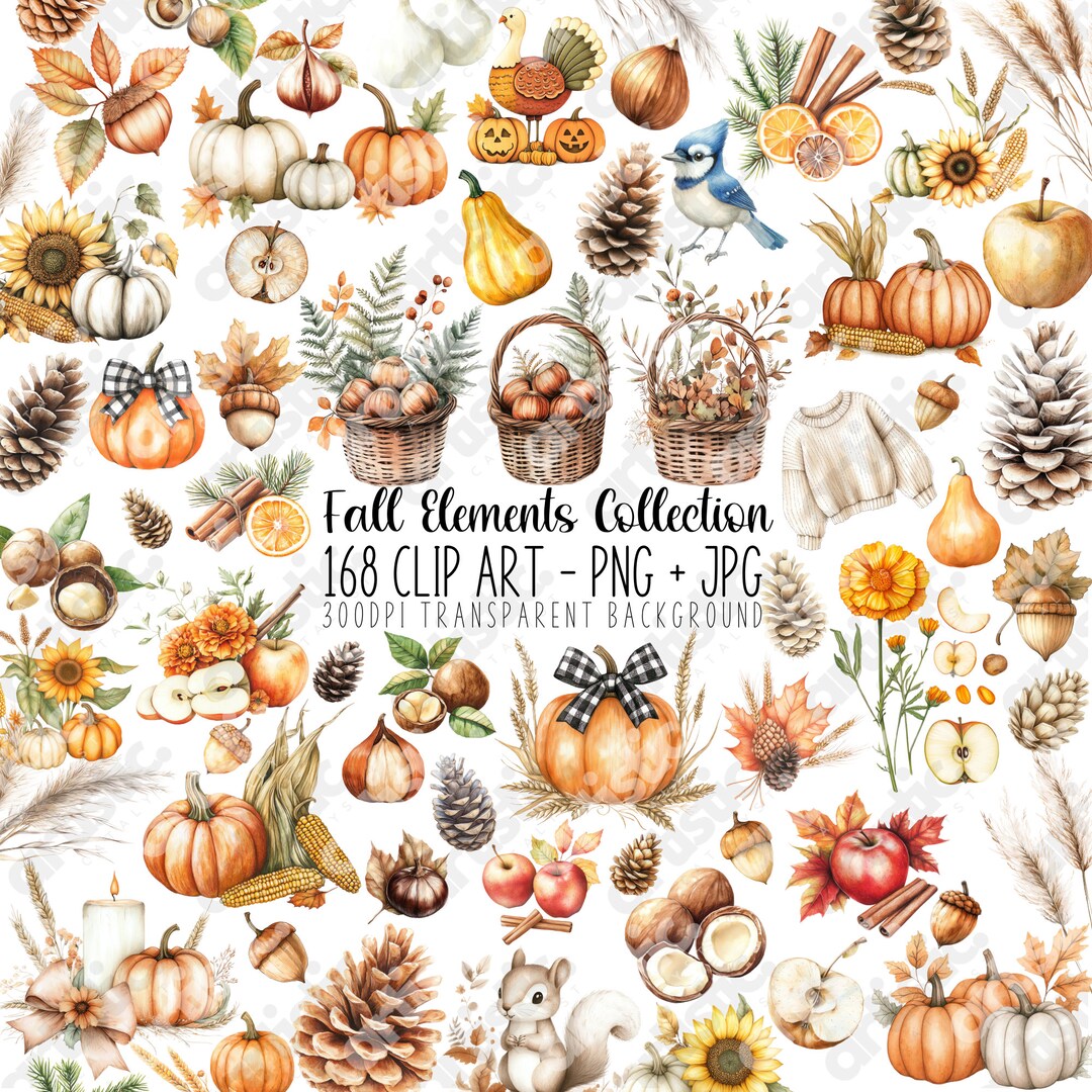 Autumn Watercolor Clipart Bundle: 168 Fall Pumpkins, Plaid Bows (PNG ...