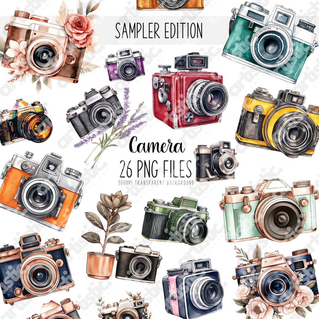 Watercolor Camera Clipart Bundle – 26 PNG Images | Vintage & Modern ...