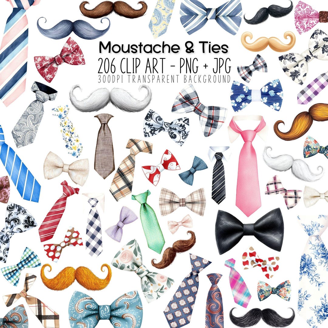Moustache and Ties Fathers Day Mens Clipart Bundle, Cute Bowties Pique ...