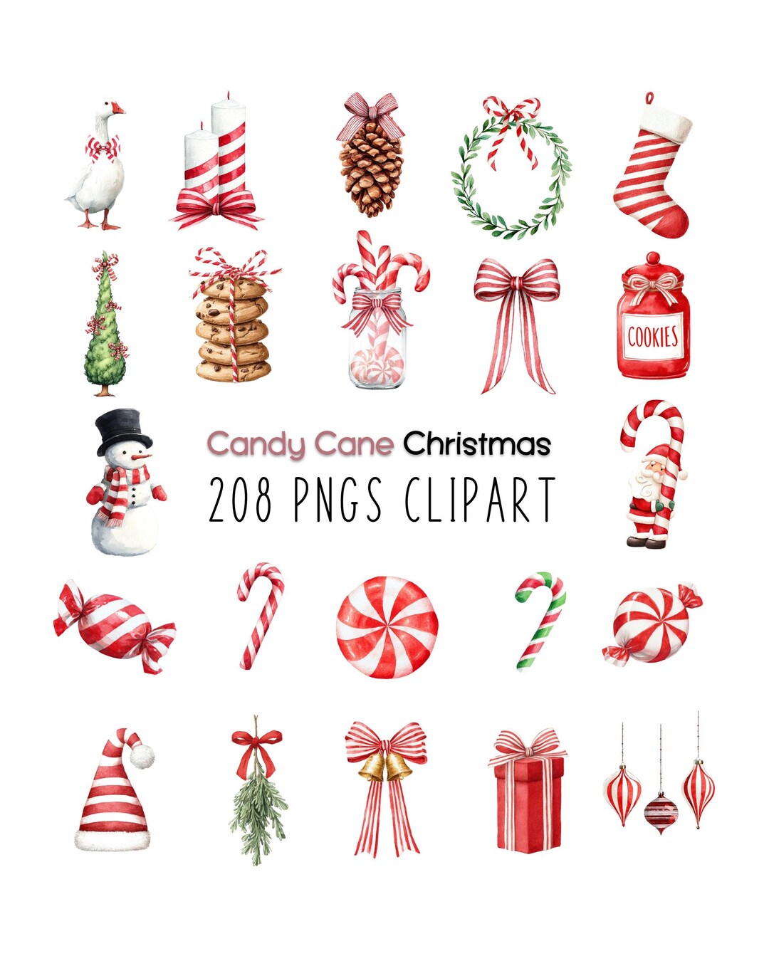 Candy Cane Christmas Clipart Watercolor PNG Bundle 208 Images - Etsy