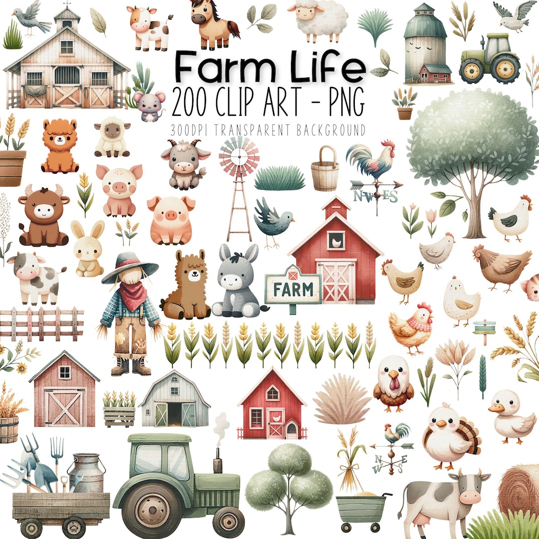 Barnyard Clipart Watercolor Farm Animals: Digital Download Graphic ...