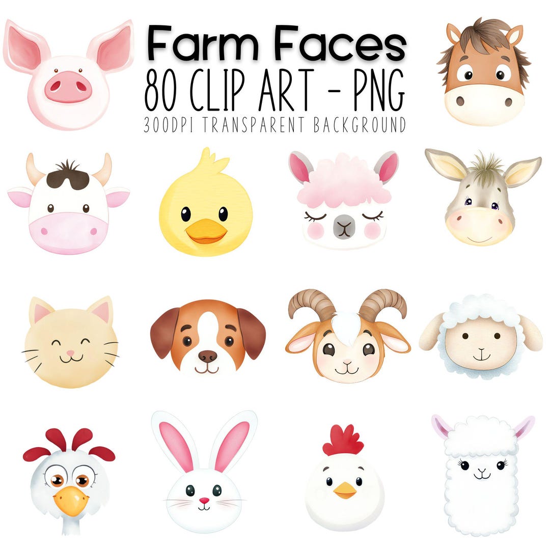 Farm Animal Faces Clipart, Cute Farm Animals PNG, Kawaii Animal Faces ...