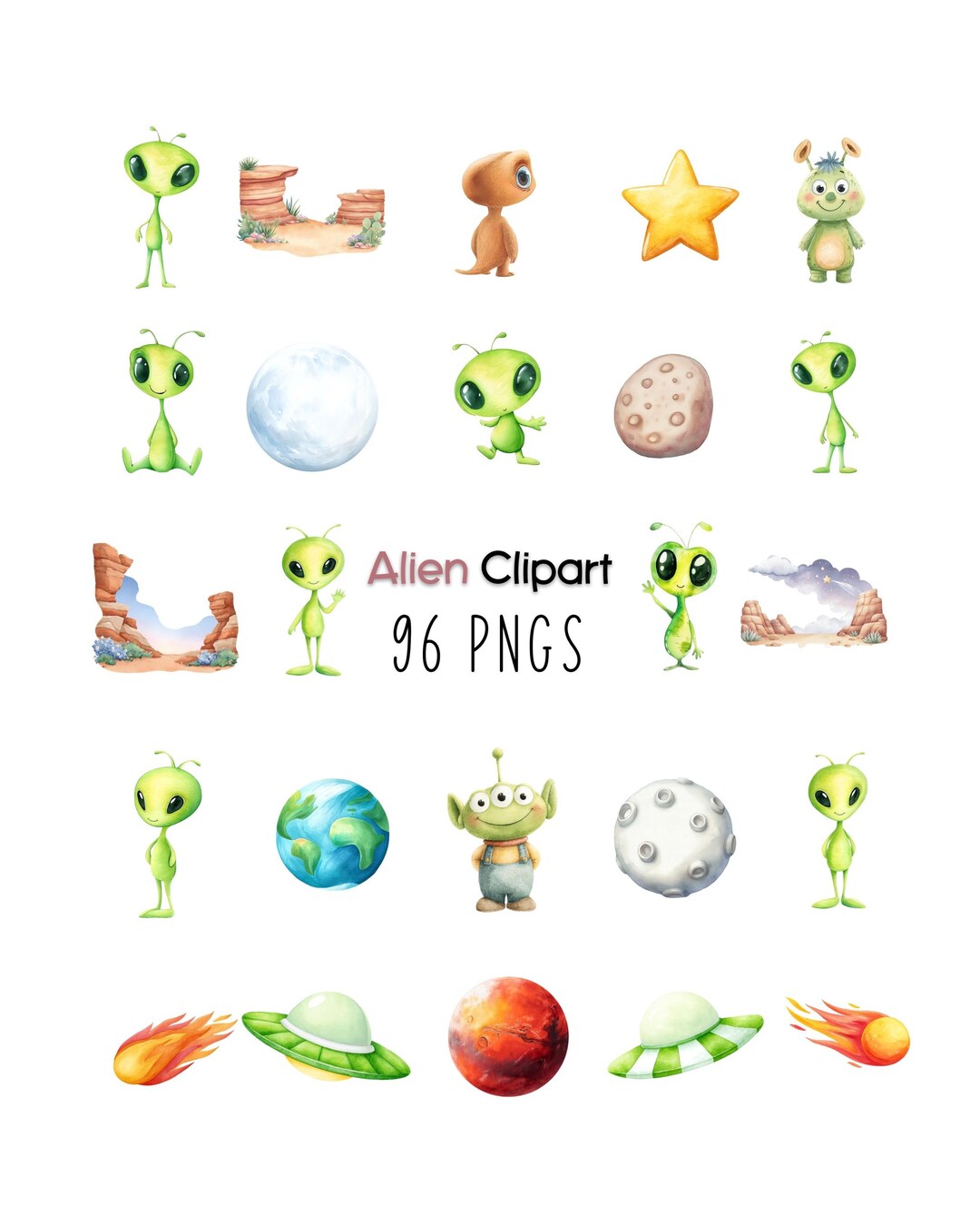 Alien Clipart Watercolor Bundle Space PNG Pack UFO Scene Art Graphics ...