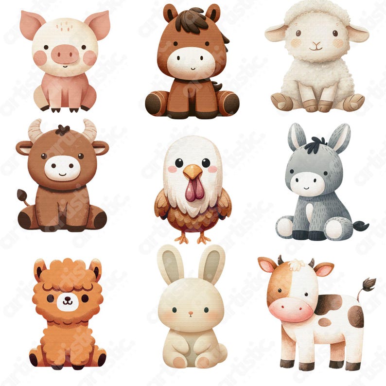 Farm Animals Watercolor Clipart Bundle: Baby Nursery PNG (instant ...