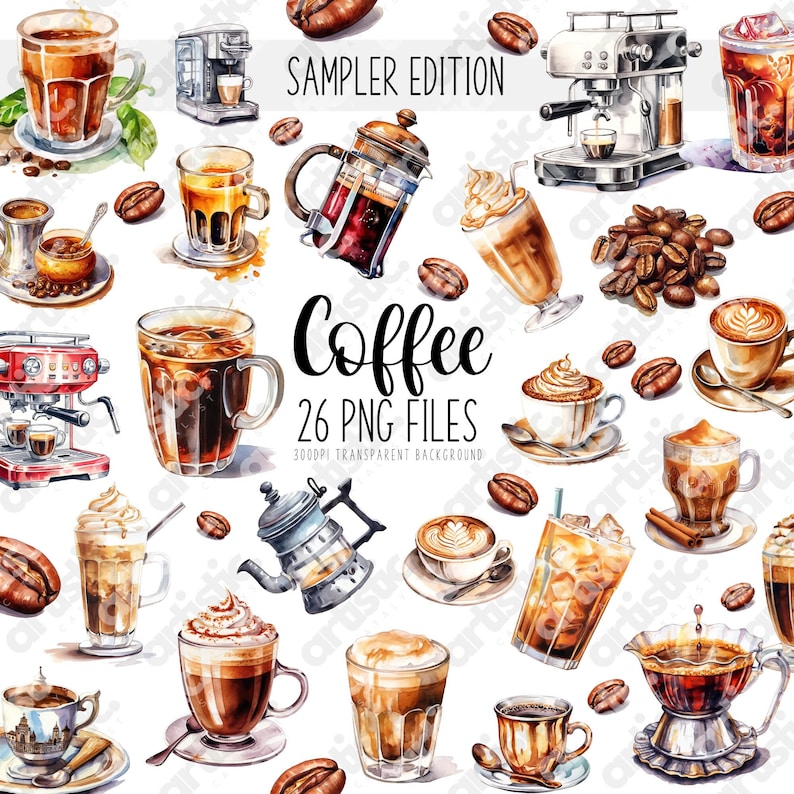 Watercolor Coffee Clipart Bundle: Autumn Drinks, Scrapbooking (26 PNG ...