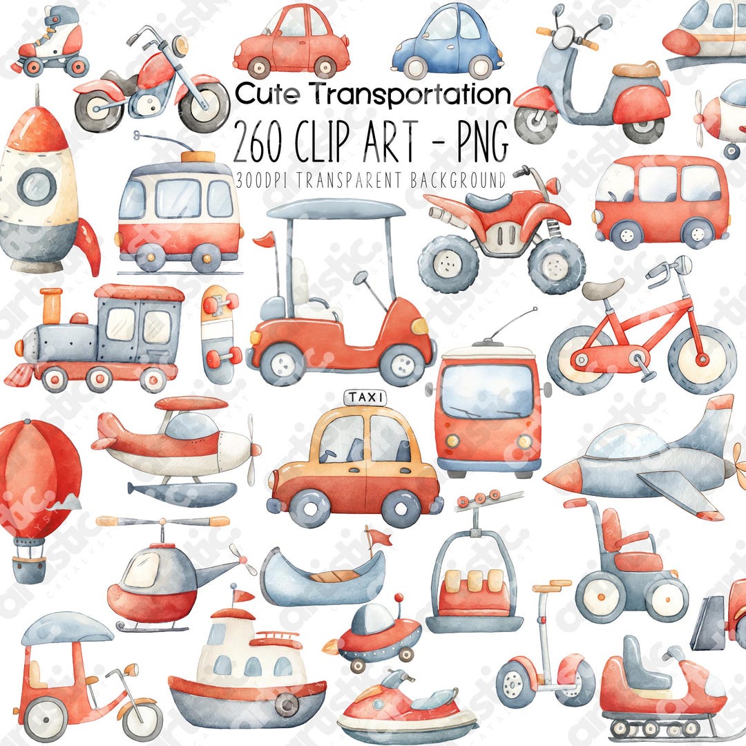 Transportation Clip Art Bundle. Watercolor – 260 Kids Nursery Vehicles ...