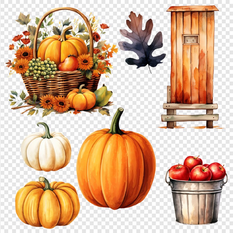Autumn Clipart Watercolor Bundle: 280 Fall Leaves, Pumpkins, and ...