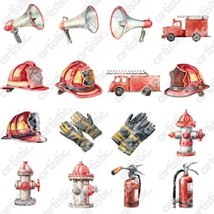 Watercolor Fireman Clipart Bundle Fire Station Graphics Fire Engine ...