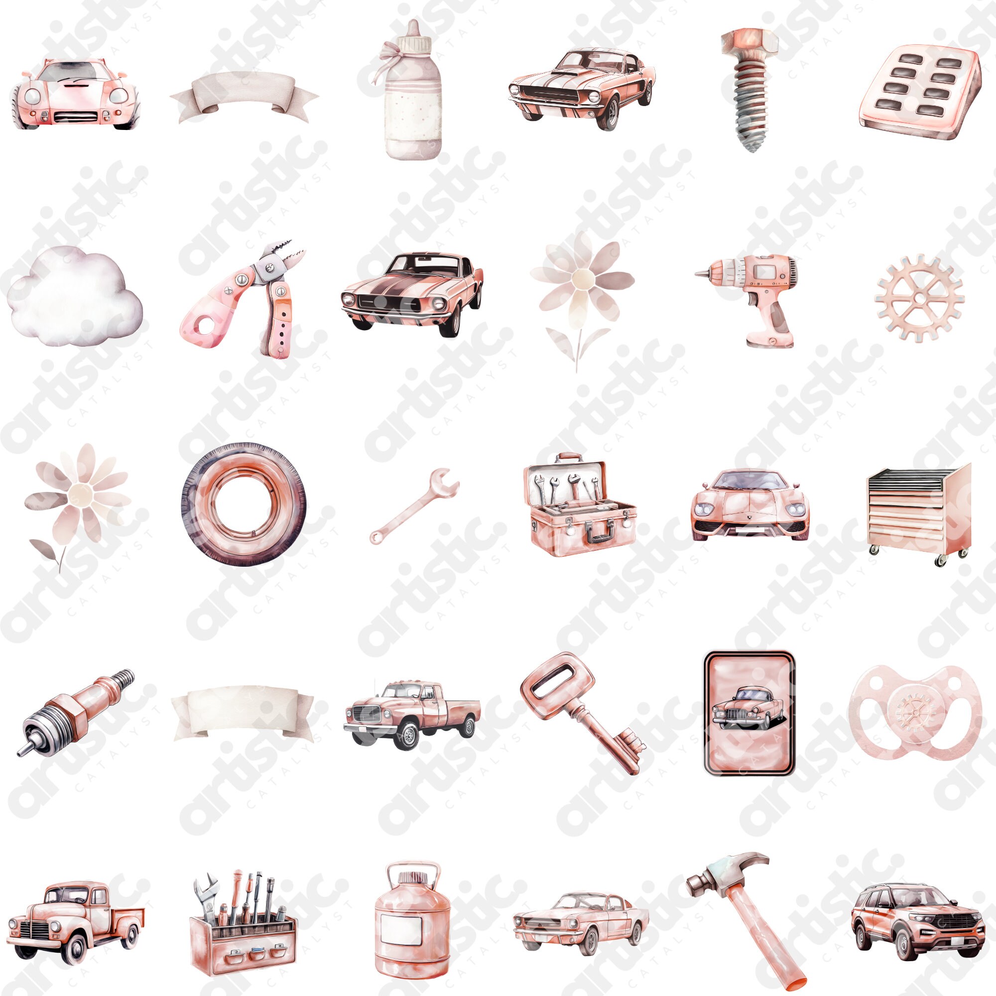 Mechanic Baby Shower Clipart: Pink Watercolor Cars (PNG/JPG) - Etsy