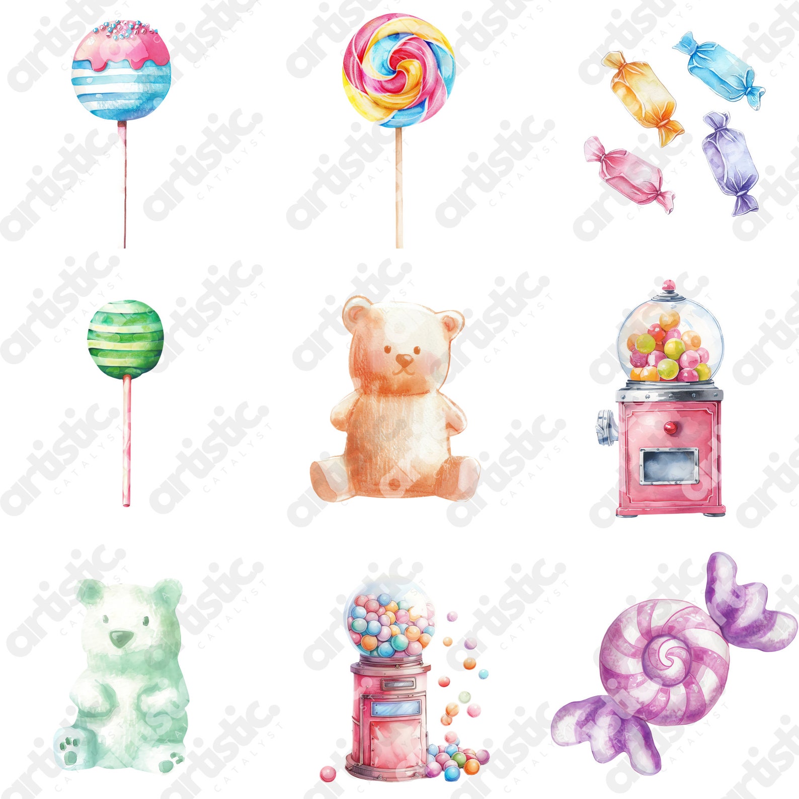 Watercolor Candy Clipart Bundle: Gumball Machine, Lollipops (26 PNG) - Etsy