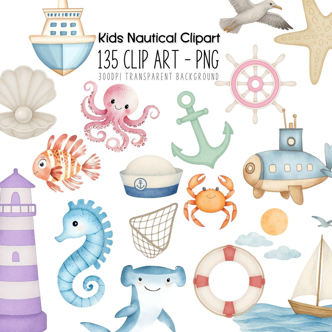 Watercolor Nautical Clipart Bundle: Sea Animals, Sailor Printables (PNG ...
