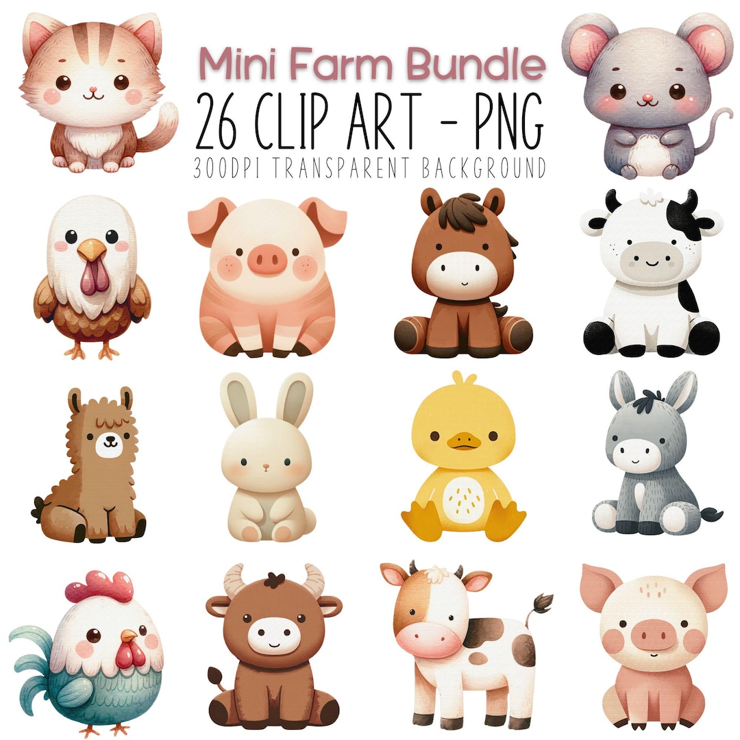 Farm Animal Clipart Bundle, Cute Barnyard Animals PNG, Baby Farm ...