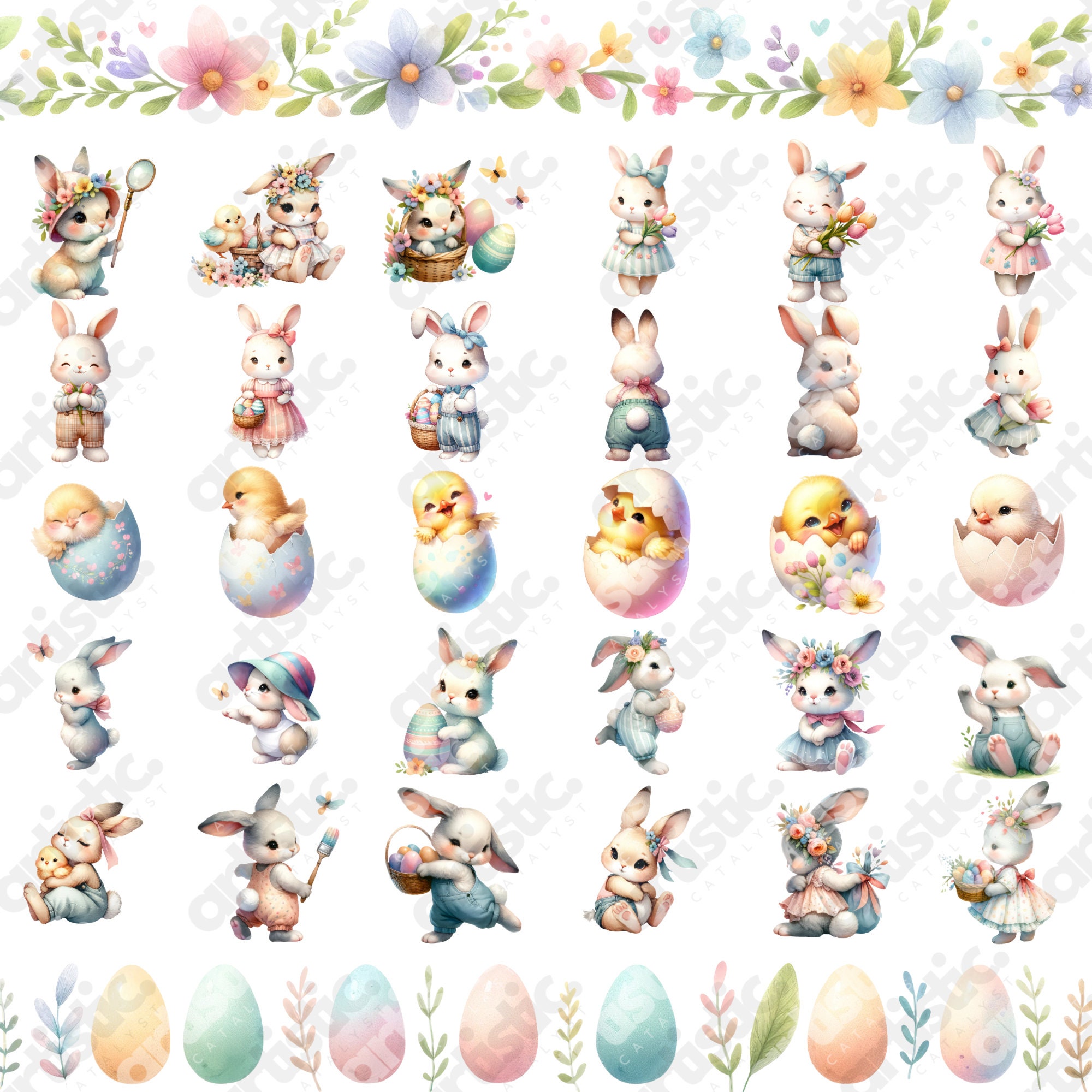 Easter Clipart Bundle: Watercolor Bunny, Eggs, Tulips, PNG/JPG for ...