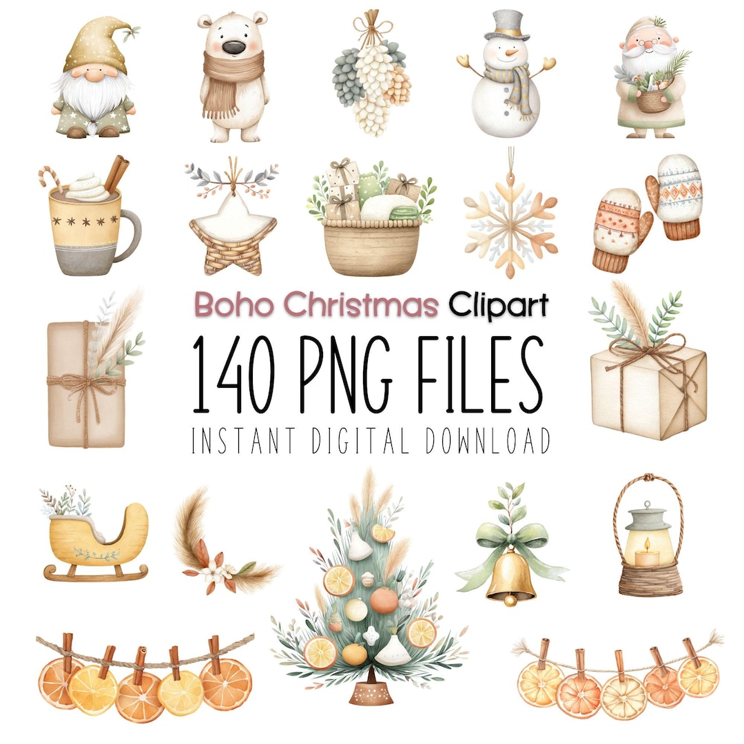 Boho Christmas Watercolor Clipart Bundle: Rustic Holiday PNG Graphics ...
