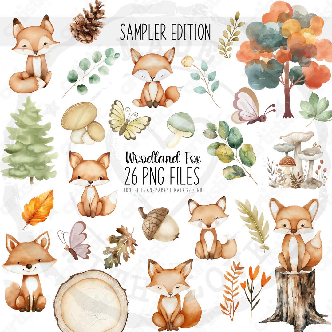 Fox Clipart Bundle - 26 Watercolor Images, Baby Shower Decor, Woodland ...