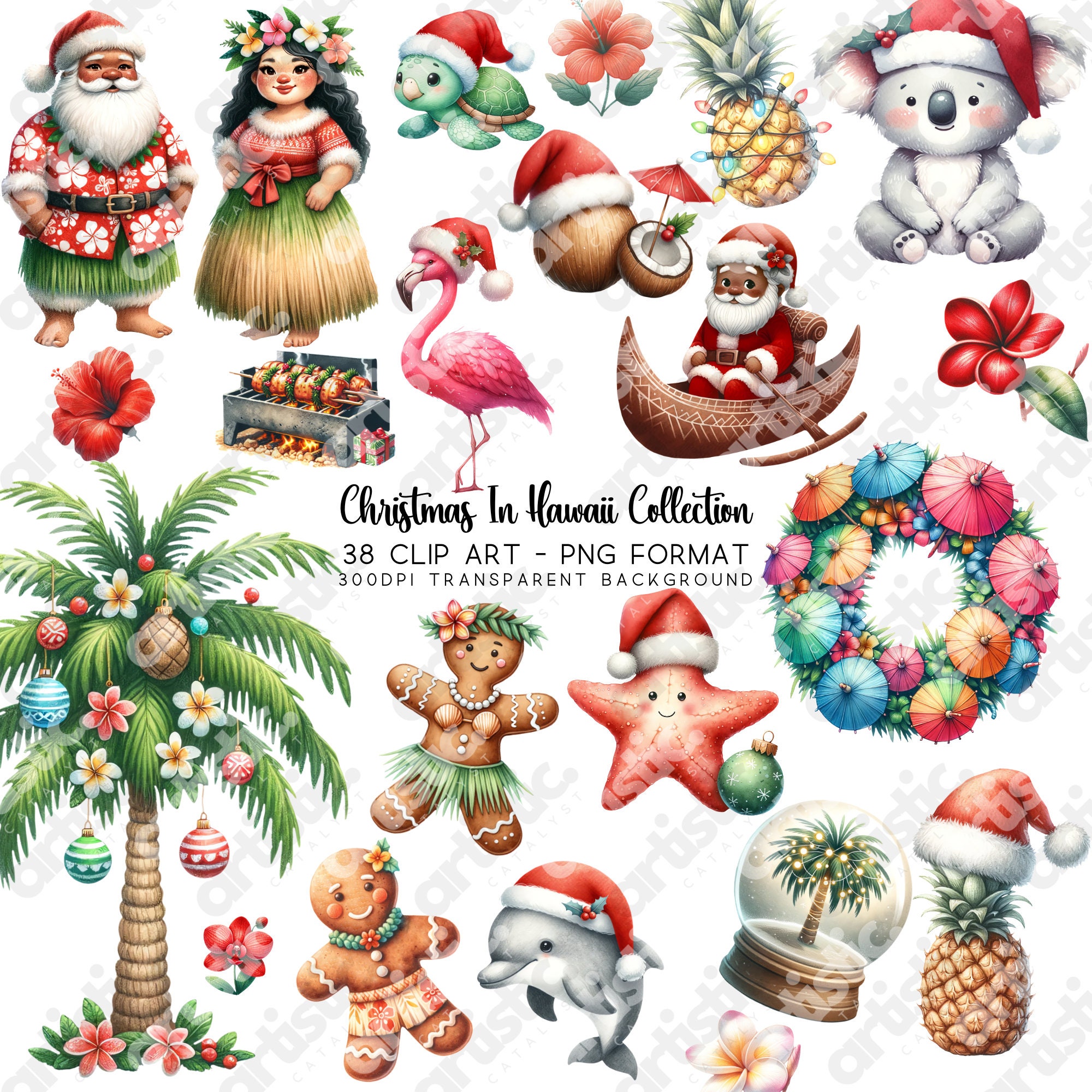 Watercolor Hawaiian Christmas Clipart: Tropical PNG Images (digital ...
