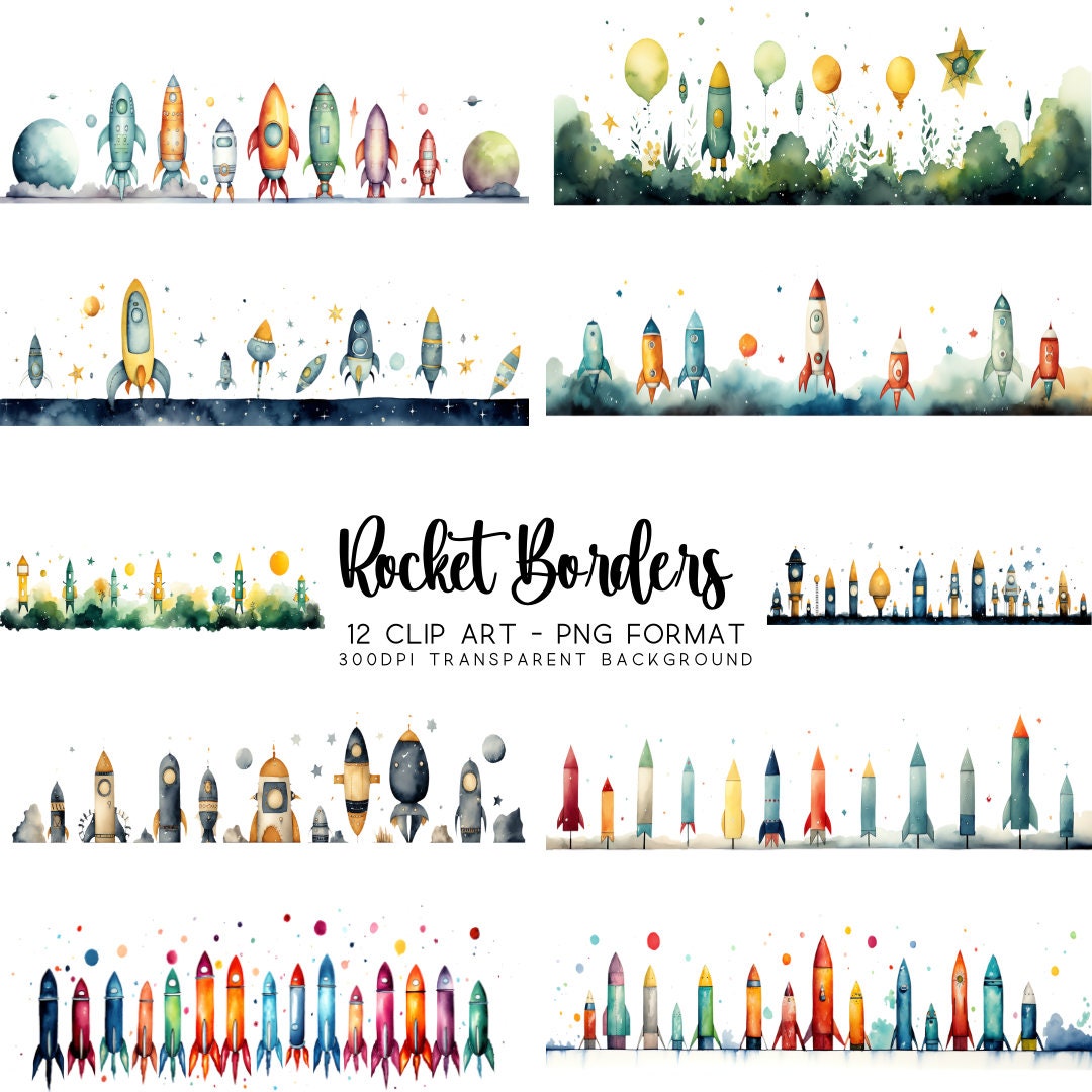 Rocket Border Bundle Clipart Set, Watercolour Clipart PNG/JPG With ...