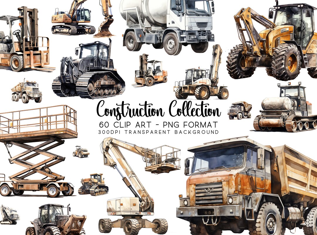 Watercolor Construction Trucks Clipart: 60 PNG Images (digital Download ...
