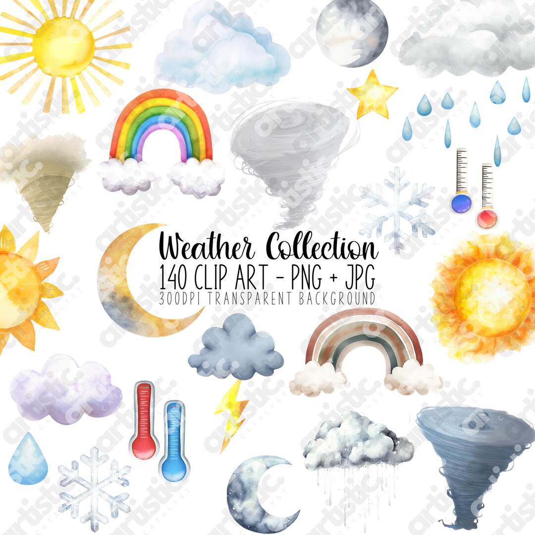 Watercolor Weather Clipart Bundle: Rainbows, Sun, Clouds (PNG, JPG) - Etsy