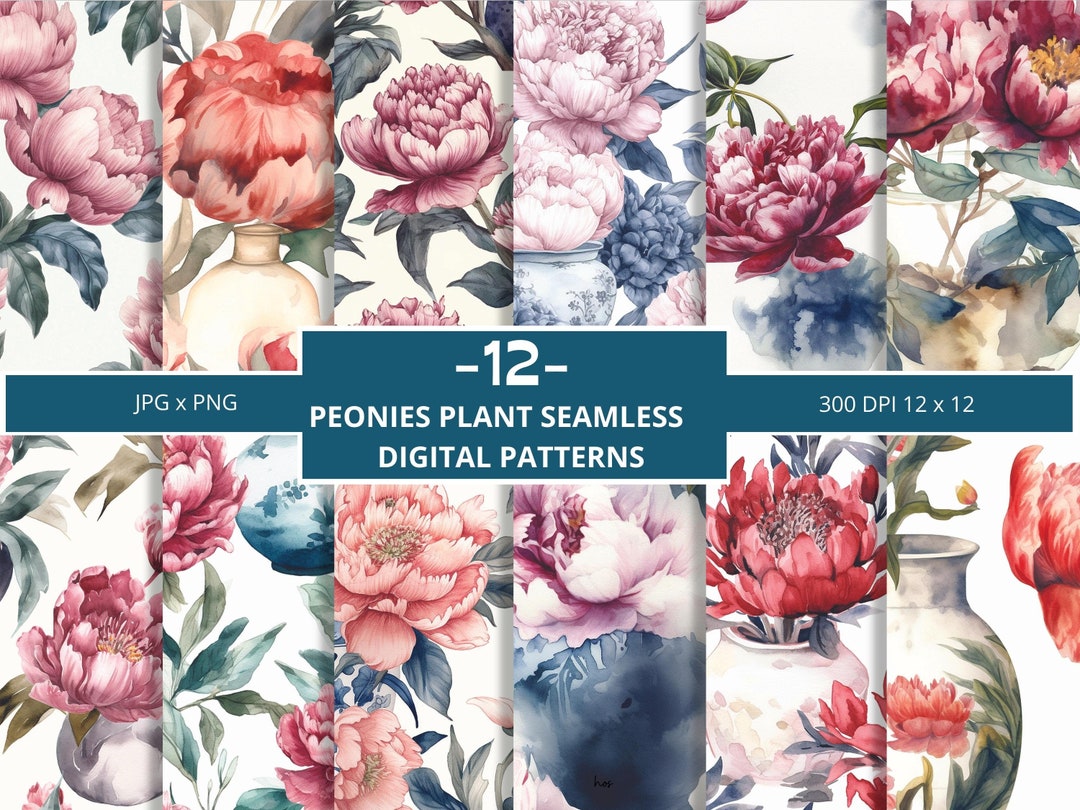 Buy 12 Peonies Flower Seamless Digital Papers, Commercial Use, Pattern ...