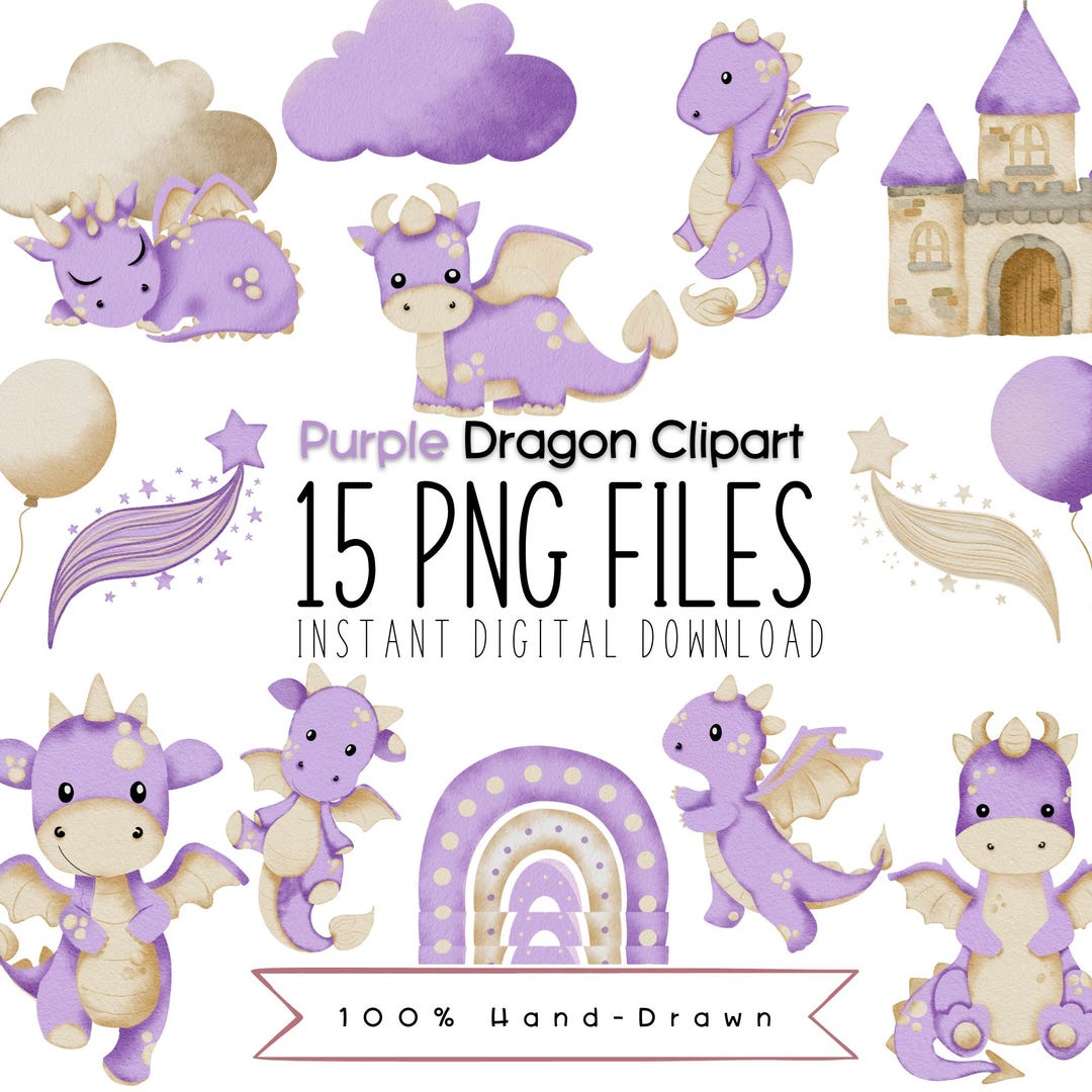 Purple Dragon Clipart Bundle: Watercolor Nursery Art PNG - Etsy