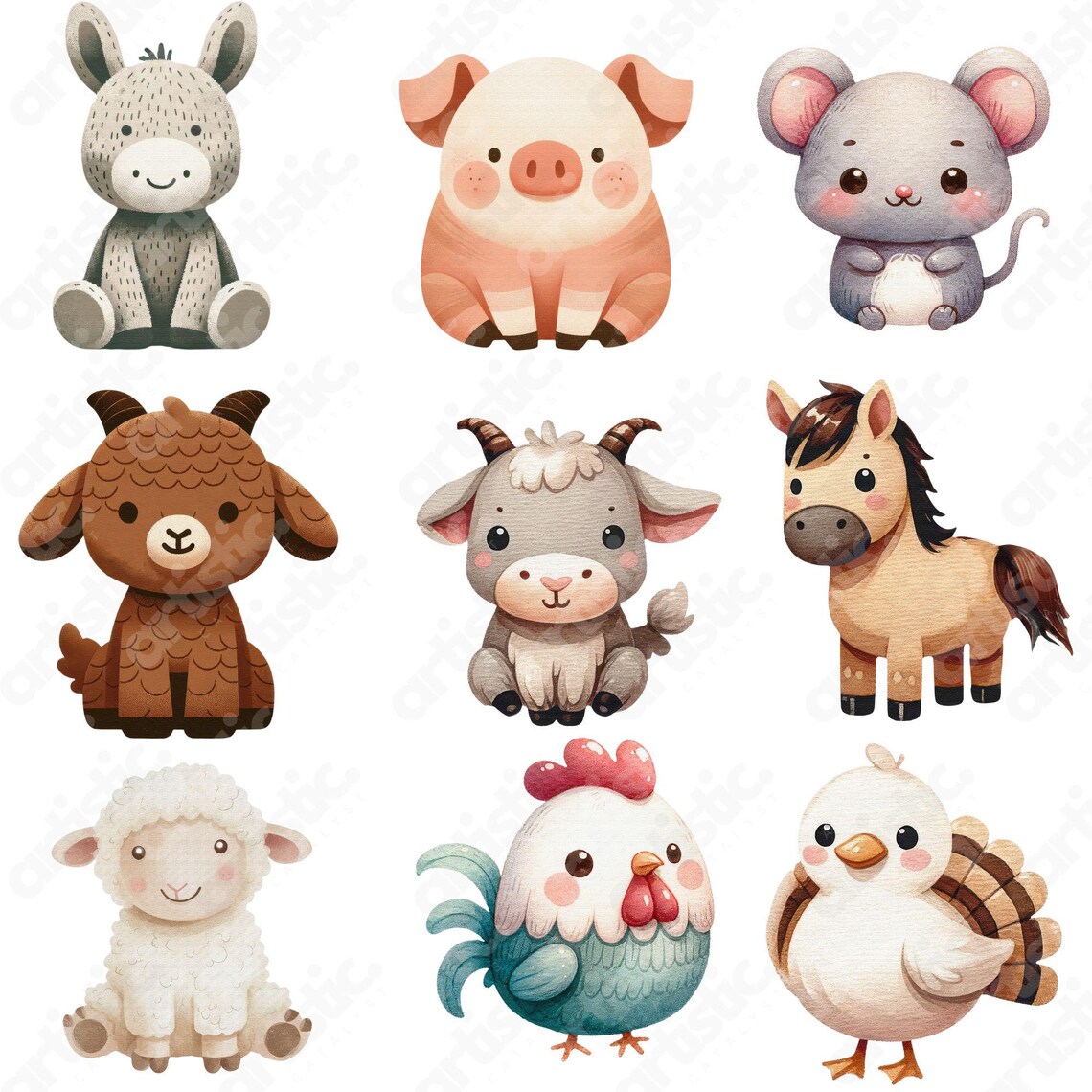 Farm Animals Watercolor Clipart Bundle: Baby Nursery PNG (instant ...