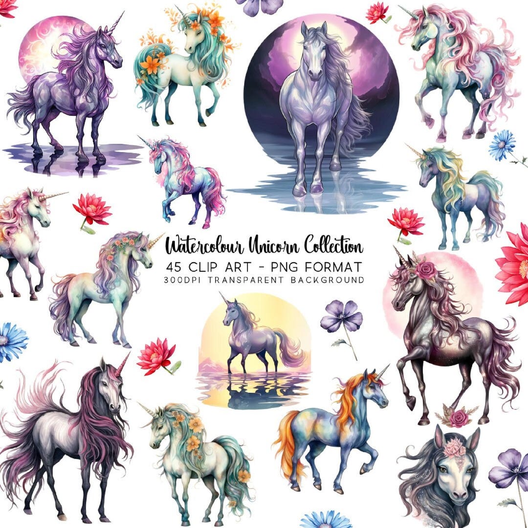 Watercolor Unicorn Clipart Bundle - Fantasy Graphics, Commercial Use ...