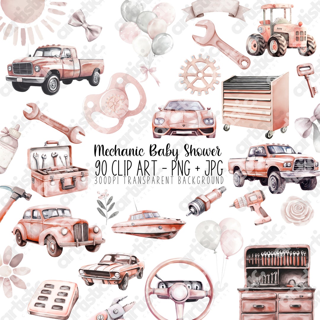 Mechanic Baby Shower Clipart Pack - in Pastel Pink Watercolors ...