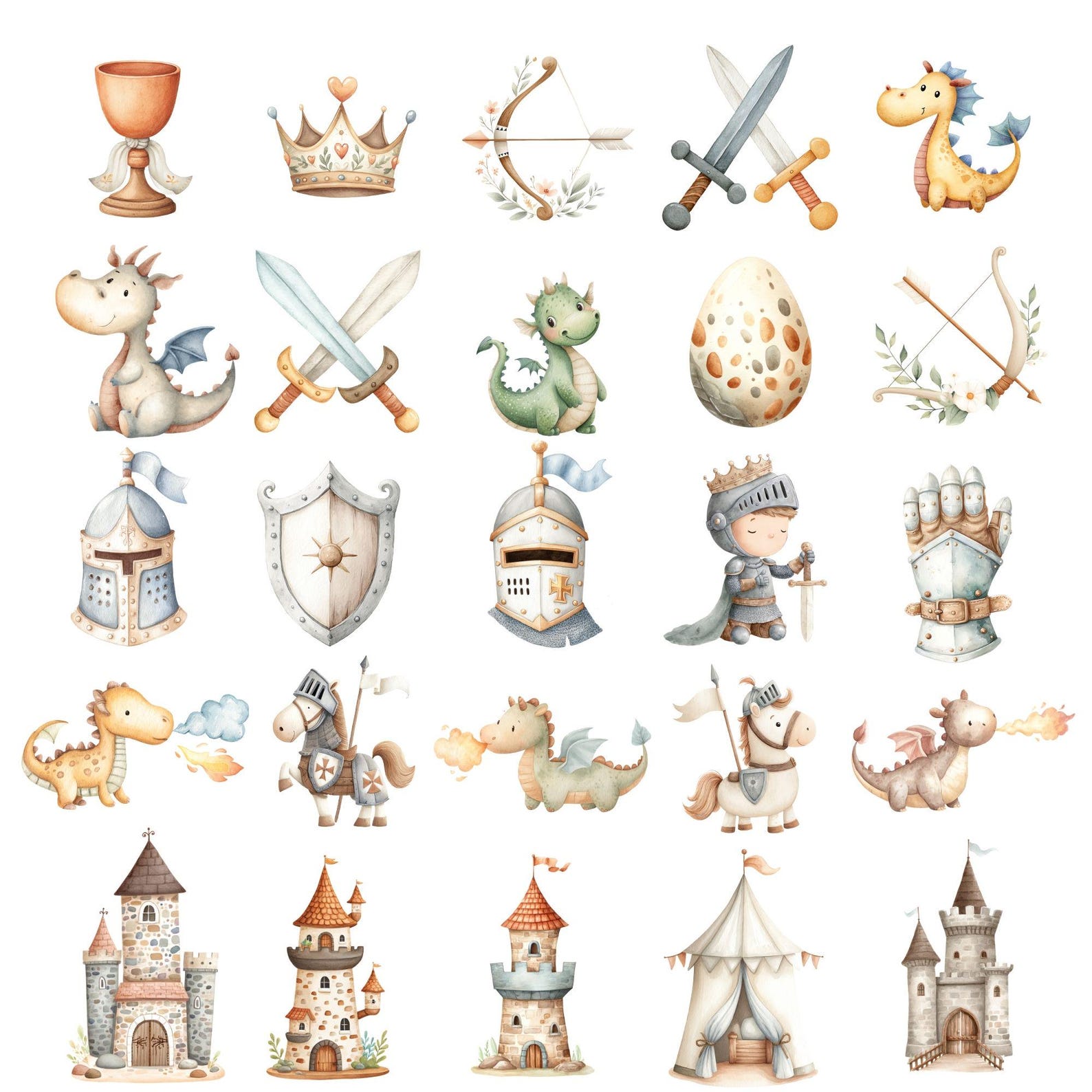 Knight Clip Art Bundle: Medieval Castle, Dragon, Princess Watercolor ...