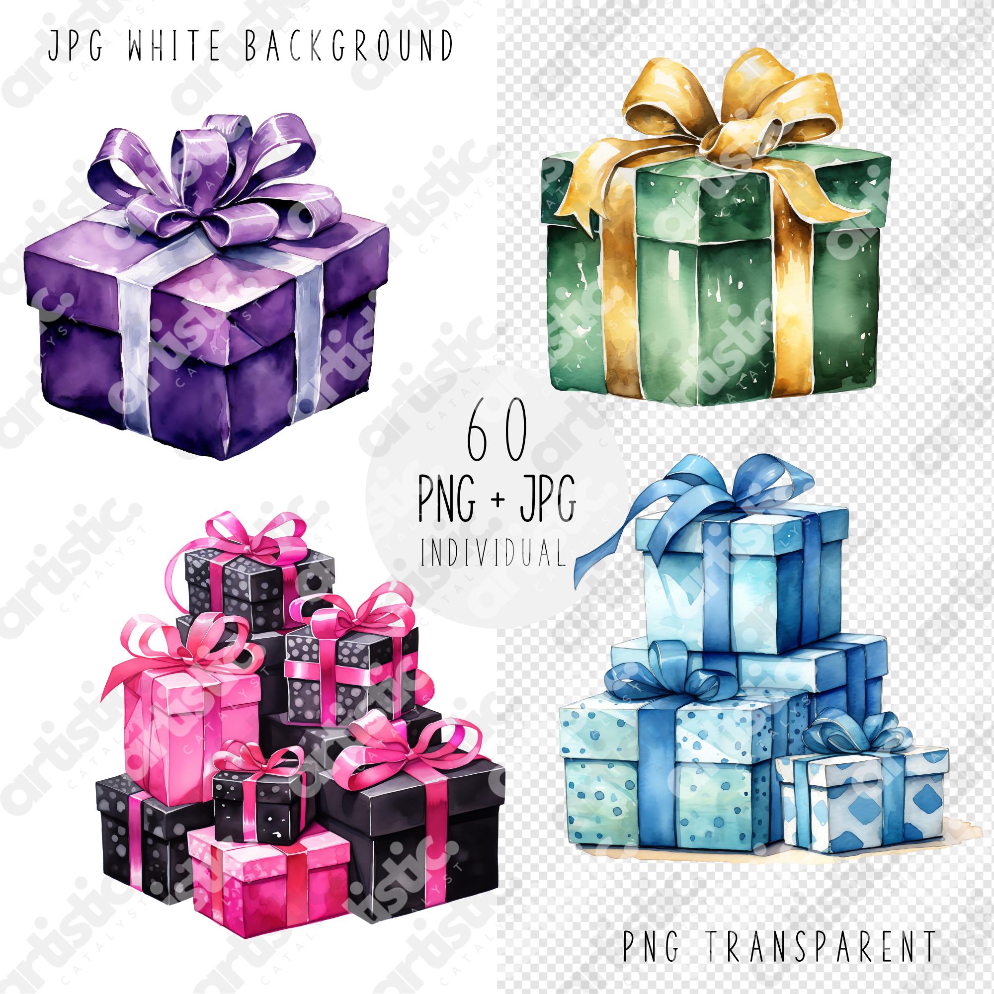 Birthday Presents Watercolor Clipart Bundle: 60 Gift Boxes, Bows (PNG ...