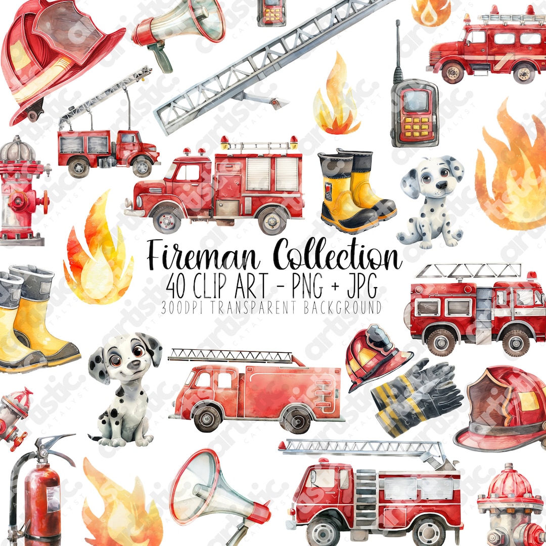 Watercolor Fireman Clipart Bundle Fire Station Graphics Fire Engine ...