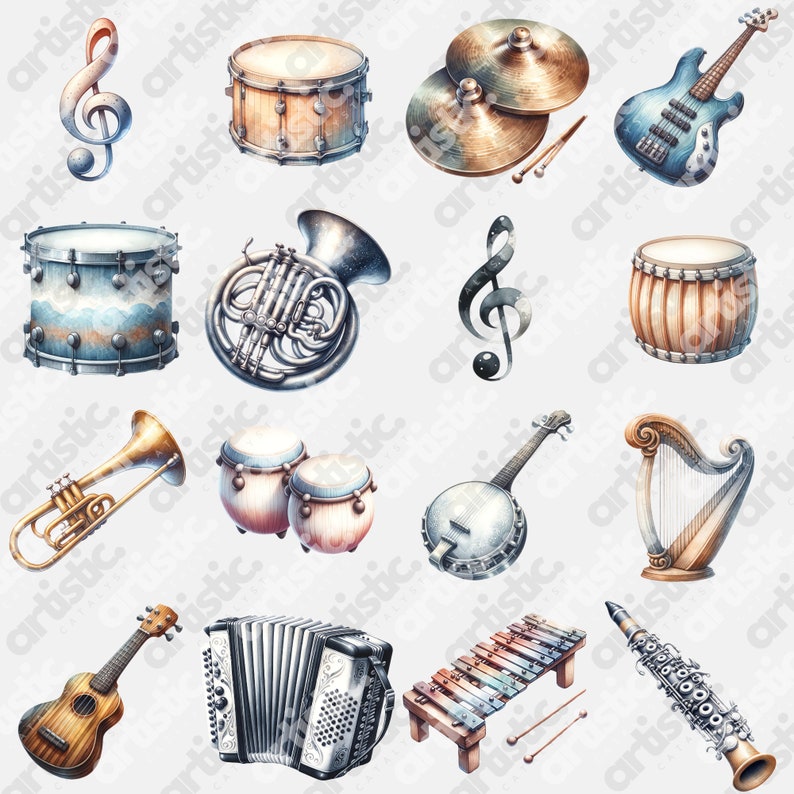 Watercolor Musical Instrument Clipart Bundle (PNG) - Etsy