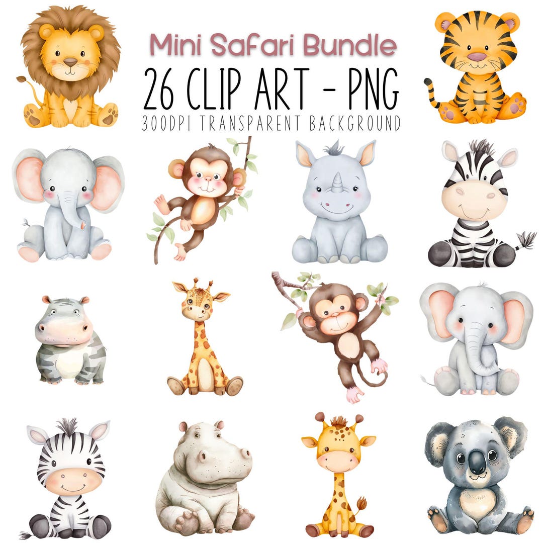 Safari Animals Watercolor Clipart Bundle: 26 Jungle Nursery Art PNG ...