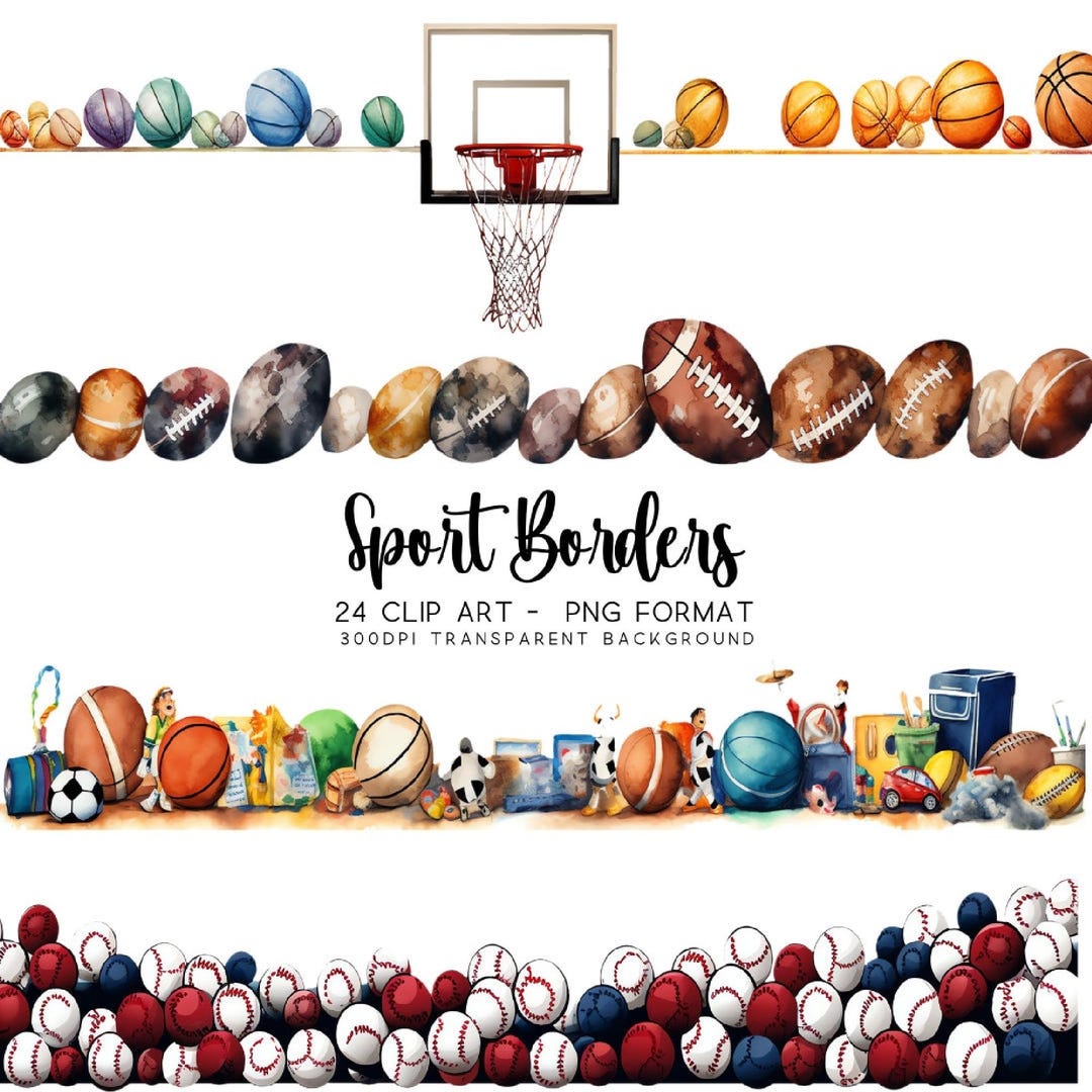 Watercolor Sport Clipart Border Bundle: Baseball, Basketball, Football ...