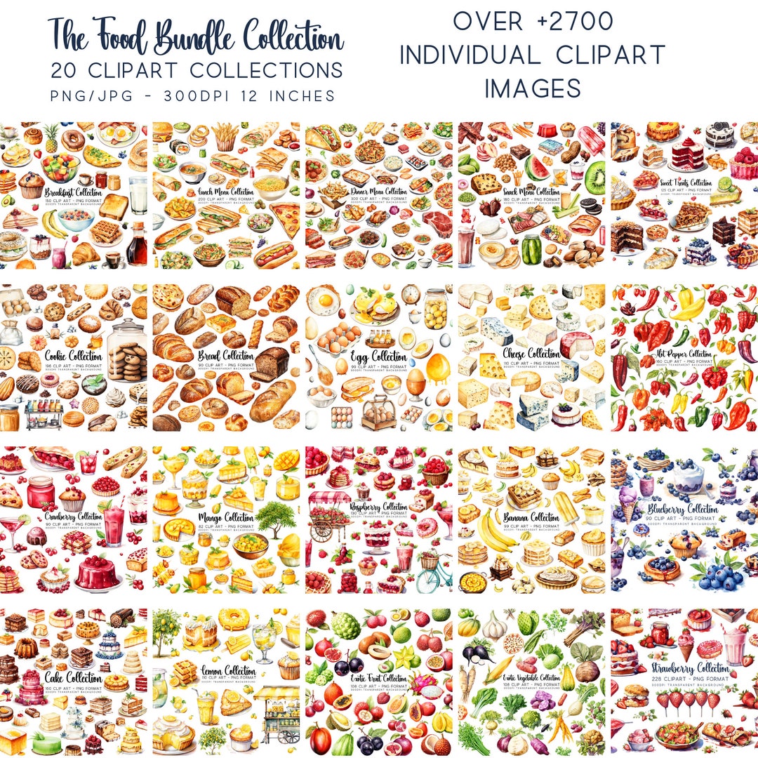 Mega Food Clipart Watercolor Bundle: Cake, Cookie, Fruit PNG (digital ...