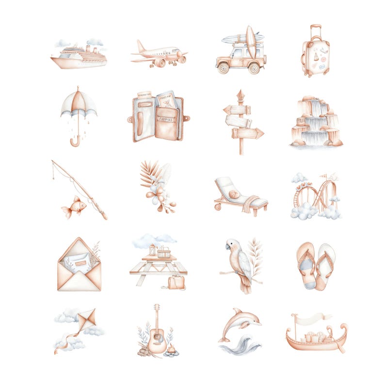 Travel Clipart Watercolor Bundle, 450 PNG Pastel Boho Style (digital ...
