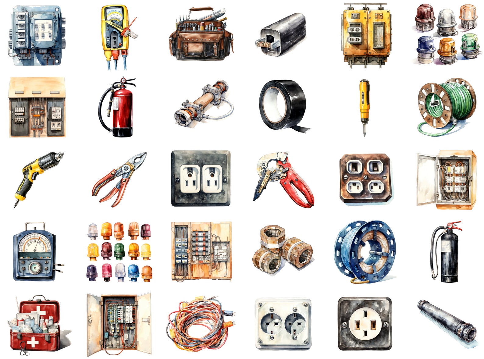Electrical Clipart Bundle Set,160 Watercolor PNG/JPG, Transparent ...