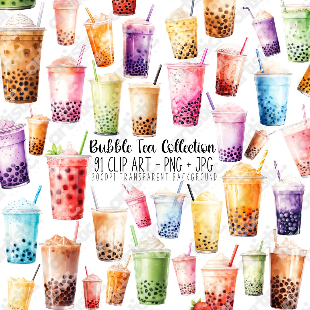 Boba Tea Clipart Bundle Watercolor Bubble Tea, Printable Stickers ...