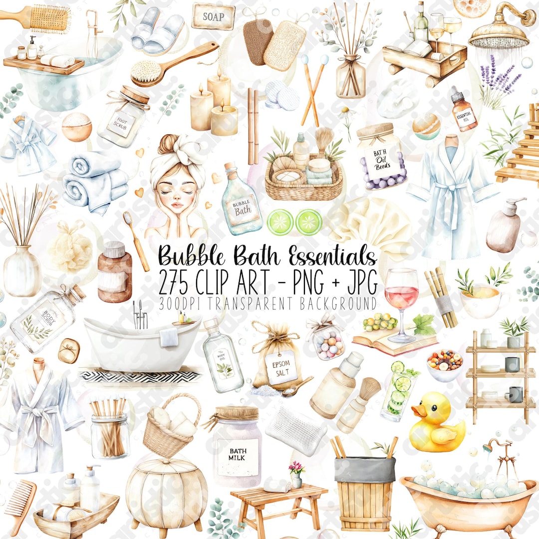 Bubble Bath Clipart - Spa Day Self Care Watercolor Pngs, Relaxing Bath ...